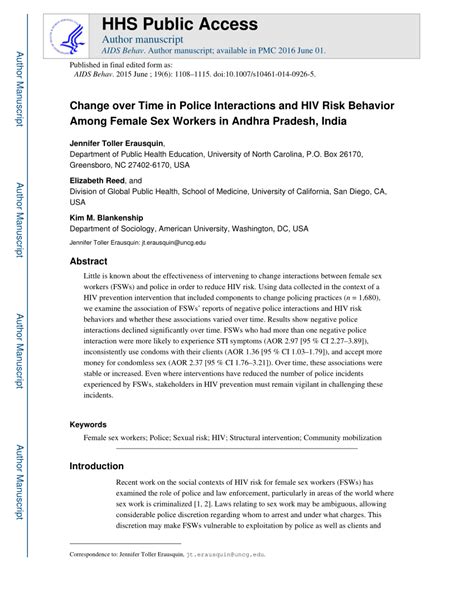 Pdf Change Over Time In Police Interactions And Hiv Risk Behavior Among Female Sex Workers In