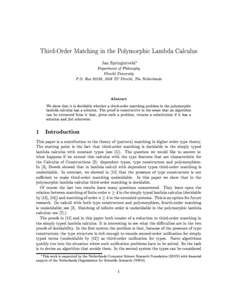 Pdf Third Order Matching In The Polymorphic Lambda Calculus Jan Springintveld