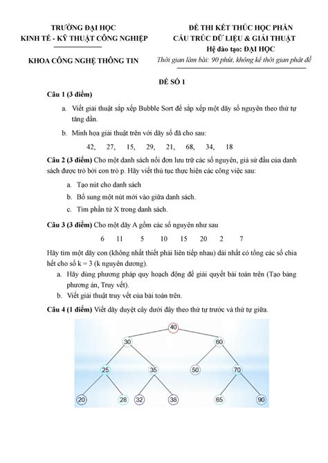 Đề thi CTDL dự kiến Đề thi dự kiến KINH TẾ KỸ THUẬT CÔNG NGHIỆP KHOA CÔNG NGHỆ THÔNG TIN