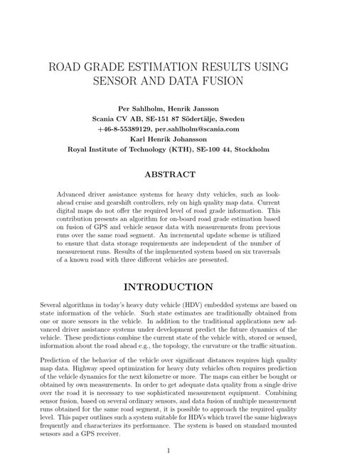 Pdf Road Grade Estimation Results Using Sensor And Data Fusion