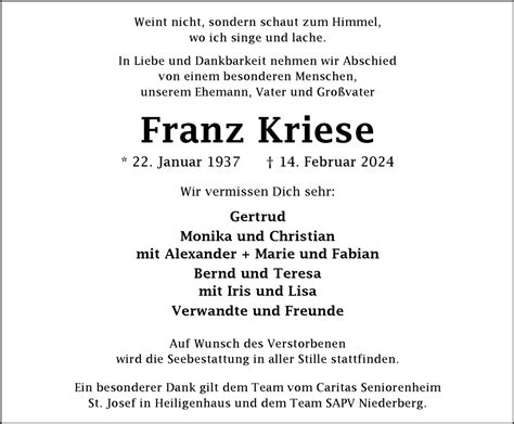 Traueranzeigen Von Franz Kriese Trauer In Nrwde