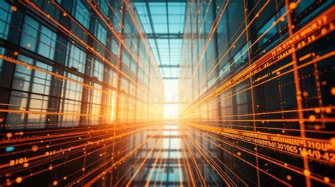 Digital Network Architecture With Glowing Orange Data Lines In Modern