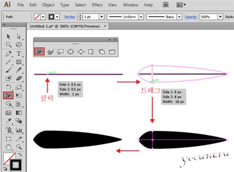 일러스트레이터 스트로크 Stroke 패널 사용설정하기 점선 만들기 새 Profile 만들기 등록하기 위드 툴width Tool로 선 폭두께 조절하기