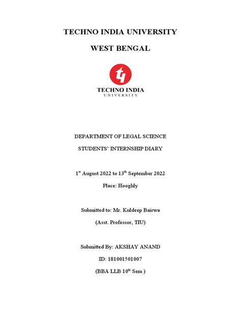 Internship Diary Akshay Anand 181001501007 Pdf Legal Aid Mediation