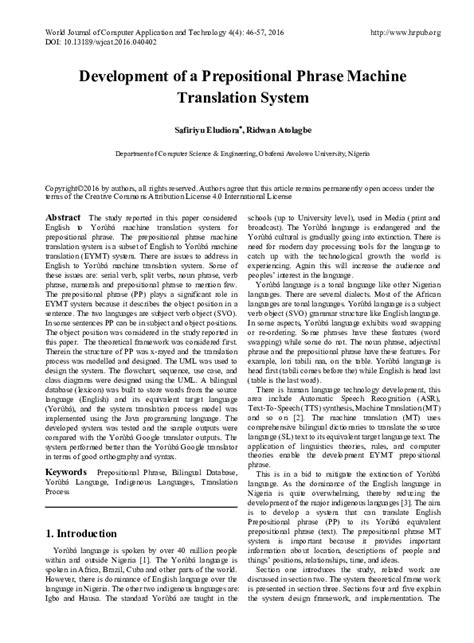 Pdf Development Of A Prepositional Phrase Machine Translation System