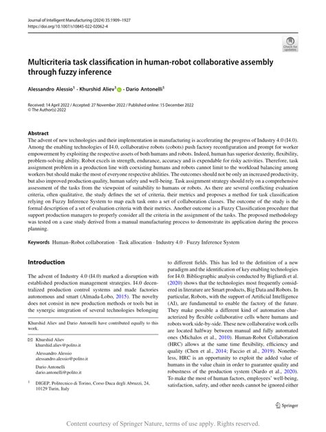 Pdf Multicriteria Task Classification In Human Robot Collaborative Assembly Through Fuzzy