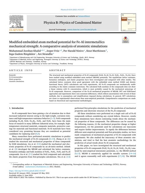 Pdf Modified Embedded Atom Method Potential For Fe Al Intermetallics