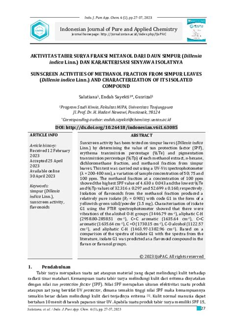 Pdf Aktivitas Tabir Surya Fraksi Metanol Dari Daun Simpur Dillenia