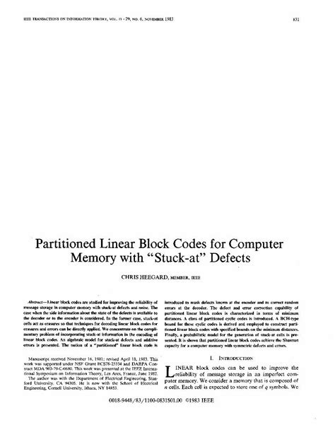 Pdf Partitioned Linear Block Codes For Computer Memory With â€œ Stuck