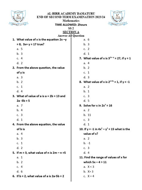 Maths Second Term Ss2 2023 2024 Download Free Pdf Equations Mathematics