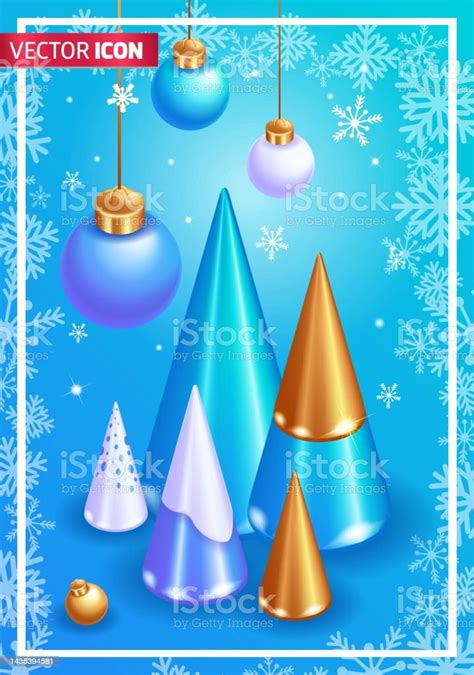 사실적인 3d 아이소메트릭 일러스트레이션 메리 크리스마스와 새해 복 많이 받으세요 2023 콘 크리스마스 트리 장식 골드 리본이있는 파란색 선물 상자 꼭대기에 매달려있는