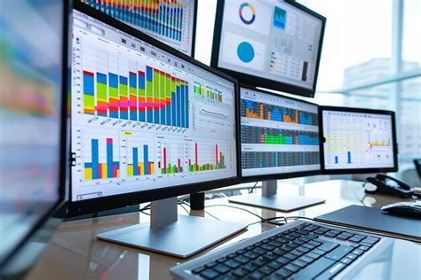 A Row Of Computer Monitors With A Chart Showing The Word Graph Premium Ai Generated Image