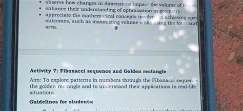 Activity 7 Fibonacci Sequence And Golden Rectangle Aim To Explore Patterns In Numbers Through