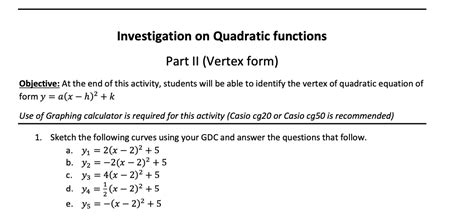 Investigation On Quadratic Functions Vertex Form Casio Calculator