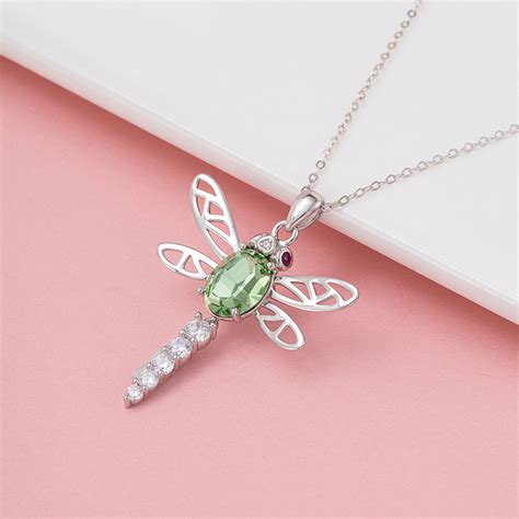 Silver Green Crystal Dragonfly Pendant Necklace Rinntin Jewelry