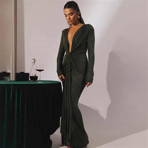 2024 New Autumn Solid Color V Neck Long Sleeve Body Fitting Split Maxi