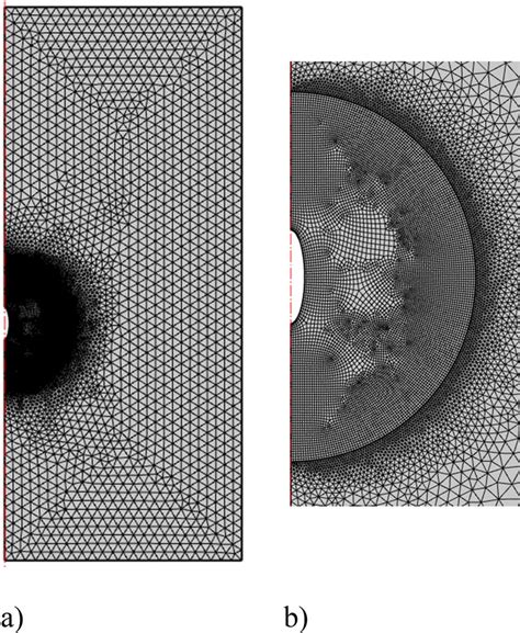 a mesh generated in the flow domain and b mesh refinement around a