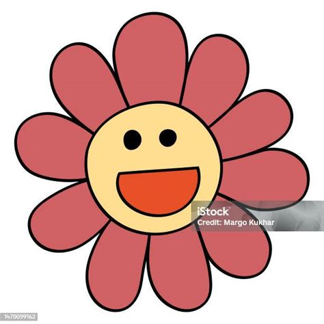 70 년대 또는 60 년대 복고풍 트리피 스타일의 데이지를 웃으십시오 미소 꽃 1970 아이콘입니다 70 년대 그루비 꽃 만화 캐릭터 손으로 그린 벡터 그림 0명에 대한