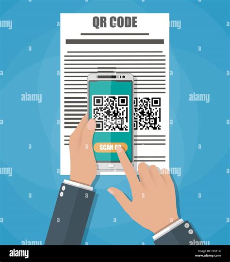 Cartoon Hand With Mobile Phone Scanning QR Code From Document Electronic Scan Digital