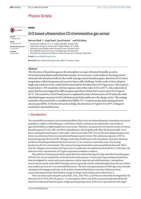 Zno Based Ultrasensitive Co Chemiresistive Gas Sensor Request Pdf