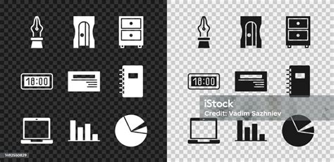 만년필 펜촉 연필깎이 문서가 있는 서랍 노트북 파이 차트 인포그래픽 디지털 알람 시계 및 명함 아이콘을 설정합니다 벡터 0명에
