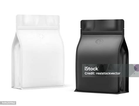 흰색과 검은색 스탠드업 파우치 백 바닥이 평평한 측면 거싯 및 탈기 밸브가 있습니다 사실적인 모형 가방에 대한 스톡 벡터 아트