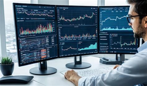 Professional At Desk With Multiple Monitors Showing Financial Charts