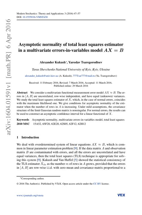 Pdf Asymptotic Normality Of Total Least Squares Estimator In A Multivariate Errors In