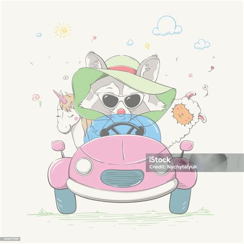 사랑 스러운 귀여운 너구리는 그녀의 친구와 함께 차를 운전 하 고 있습니다 여름 모자에 젊은 레이서와 뒷좌석에 라마와 유니콘과 안경 어린이 카드 여름 시리즈 거리에 대한