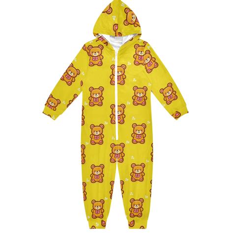 Bear Tile Yellow Pattern One Piece Pajamas Soft Jumpsuit Cozy Sleep And