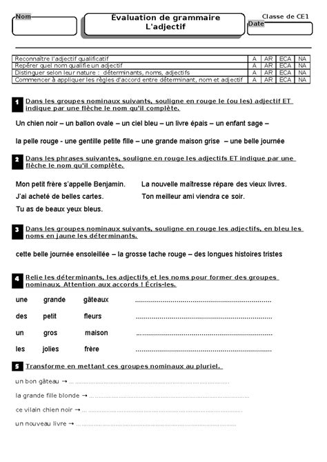 Évaluation De Grammaire Ce1 Reconnaître Et Appliquer Les Adjectifs