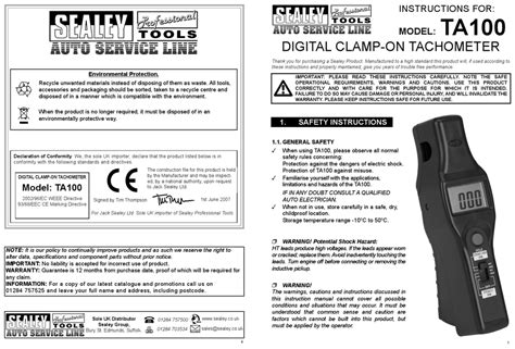 Sealey Professional Auto Service Ta100 Instructions For Use Pdf