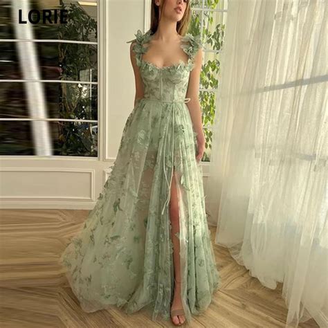Lorie 우아한 얇은 명주 그물 무도회 드레스 럭셔리 레이스 슬릿 A 라인 이브닝 가운 스파게티 스트랩 파티 드레스