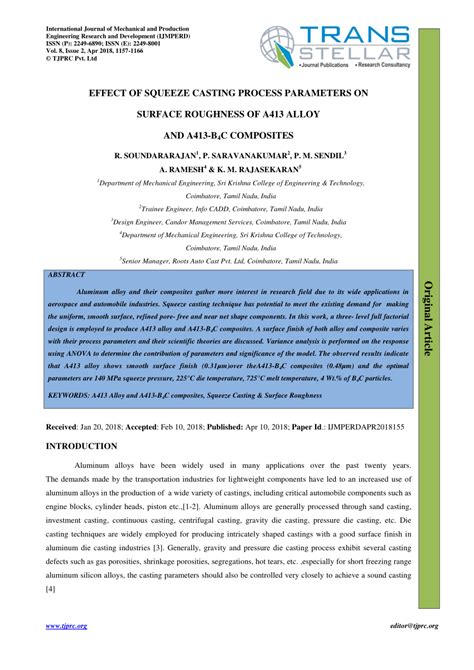 Pdf Effect Of Squeeze Casting Process Parameters On Surface Roughness Of A413 Alloy And A413