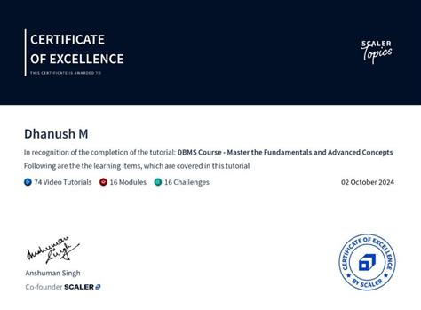 thrilled to have completed the database management system course with