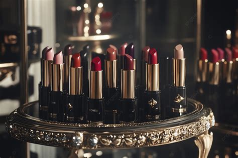 우아한 스탠드에 배열된 다양한 색상과 크기의 다양한 립스틱 디스플레이 각 립스틱의 질감 색상을 포착하는 데 초점이 선명합니다 표시하다 다른 립스틱 배경 일러스트 및