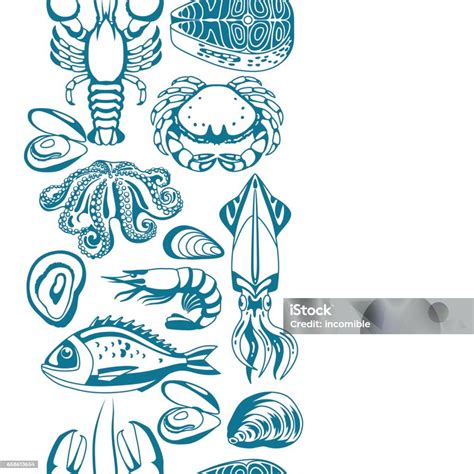 다양 한 해산물으로 완벽 한 패턴입니다 생선 조개 류와 갑각류의 그림 갑각류에 대한 스톡 벡터 아트 및 기타 이미지 갑각류 건강한 식생활 게 Istock
