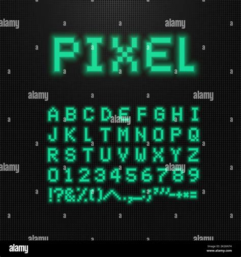 pixel font vector letters numbers and signs on old computer led display 8 bit video game