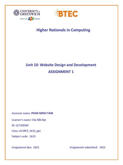 Higher Nationals In Computing Unit 10 Website Design And Development Assignment 1 Pdf