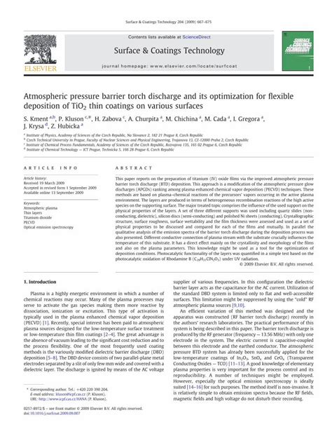 PDF Atmospheric Pressure Barrier Torch Discharge And Its Optimization For Flexible Deposition