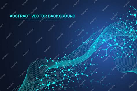 의학 과학 기술 화학 과학 분자 배경 파도가 흐릅니다 Dna 분자 구조 점 선이있는 벽지 또는 배너 기하 동적 프리미엄 벡터