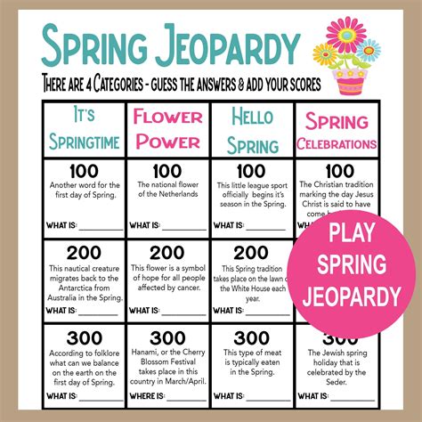Spring Trivia Game Spring Jeopardy Spring Seniors Game Spring School