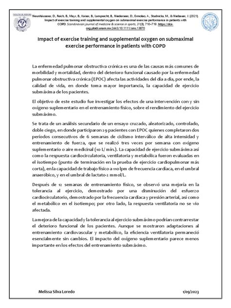 resumen impact of exercise training and supplemental oxygen on