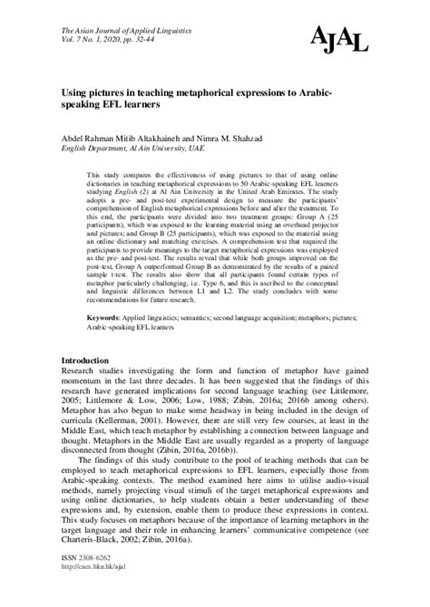 Pdf Using Pictures In Teaching Metaphorical Expressions To Arabic Speaking Efl Learners