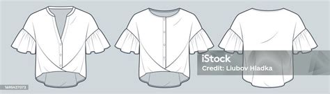 프릴 슬리브 셔츠 테크니컬 패션 일러스트레이션 블라우스 패션 플랫 기술 도면 템플릿 버튼 다운 특대 전면 및 후면보기 화이트