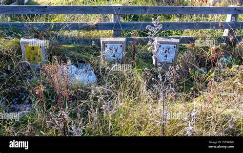 Concrete Marker Posts Signage On The Beach Dungeness New Romney Stock