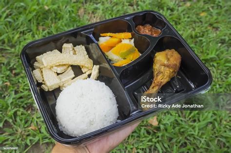 누군가 플라스틱 상자 용기에 프라이드 치킨 야채 칠리 소스 삼발 크래커가 담긴 나시 코탁 또는 도시락을 들고 있습니다 푸른 잔디 배경에 고립되어 있습니다 가정 생활에 대한