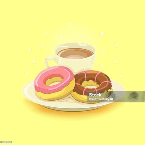 우유가 든 흰색 커피 한 잔과 노란색 배경에 초콜릿 베리 또는 딸기 도넛 또는 컵 케이크가 든 흰색 접시 음식 음료 및 제과 벡터 그림입니다 갈색에 대한 스톡 벡터 아트 및