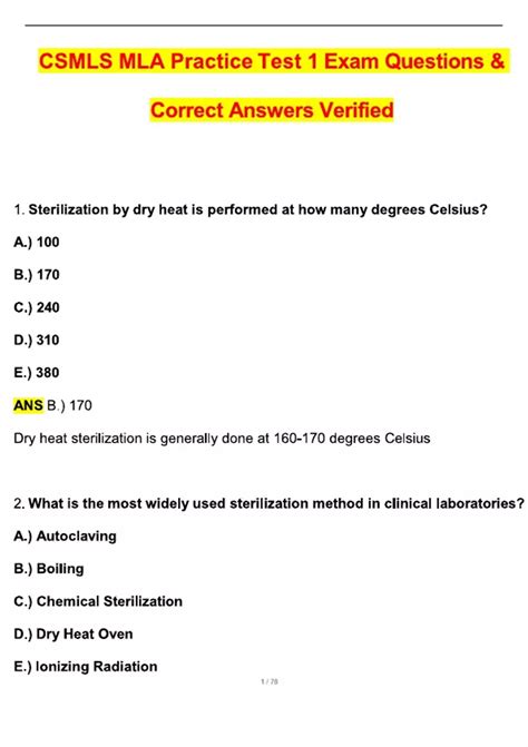 CSMLS MLA PRACTICE TEST EXAM Latest Update Questions And Verified Answers