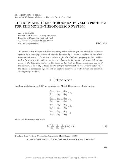 The Riemannhilbert Boundary Value Problem For The Moisiltheodoresco